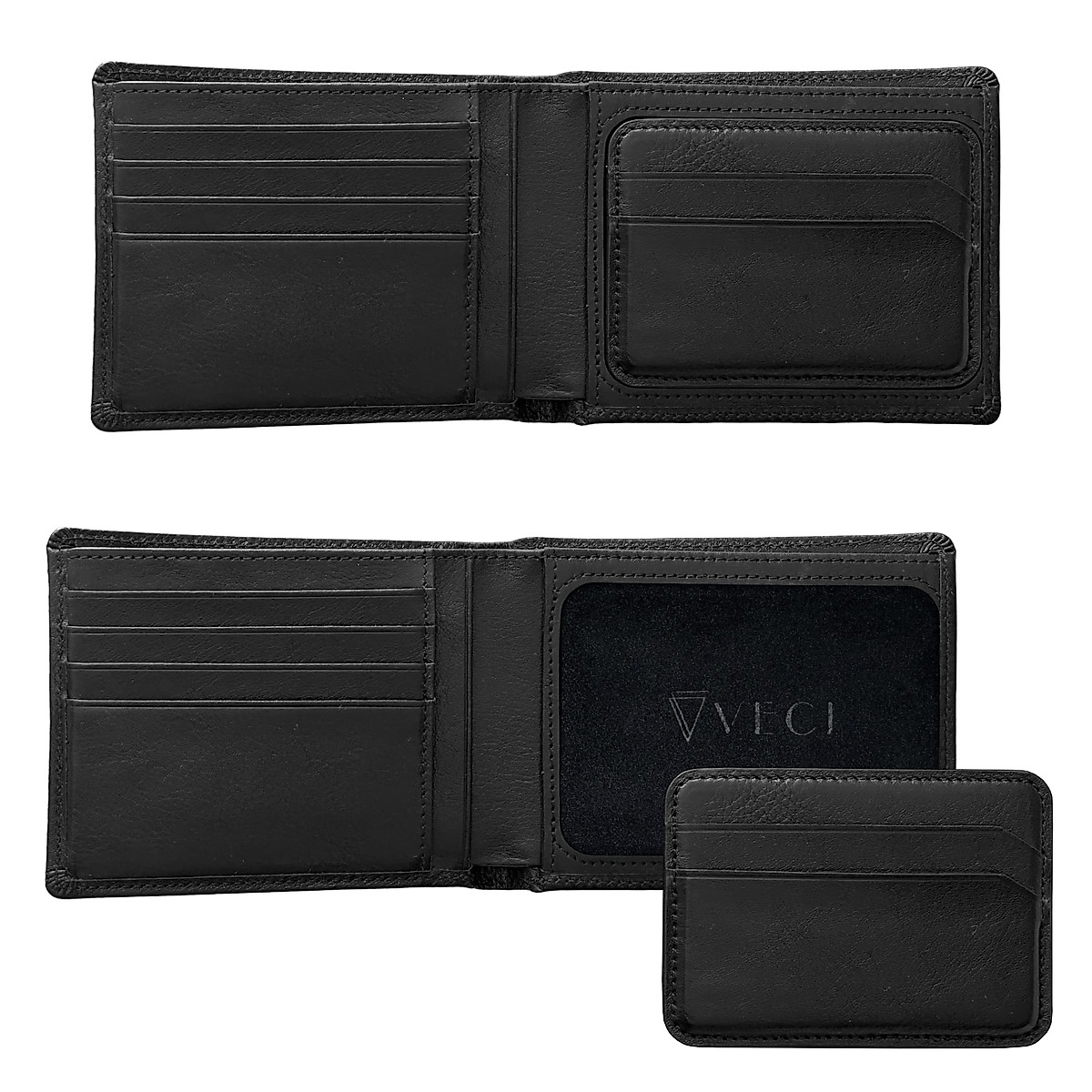 VECI 2-in-1 MagSafe Compatible Men’s Bifold Wallet with Detachable Wallet/Card Holder - Modular Design with Slim & Magnetic Section for use with iPhone (Full-grain leather, Black)