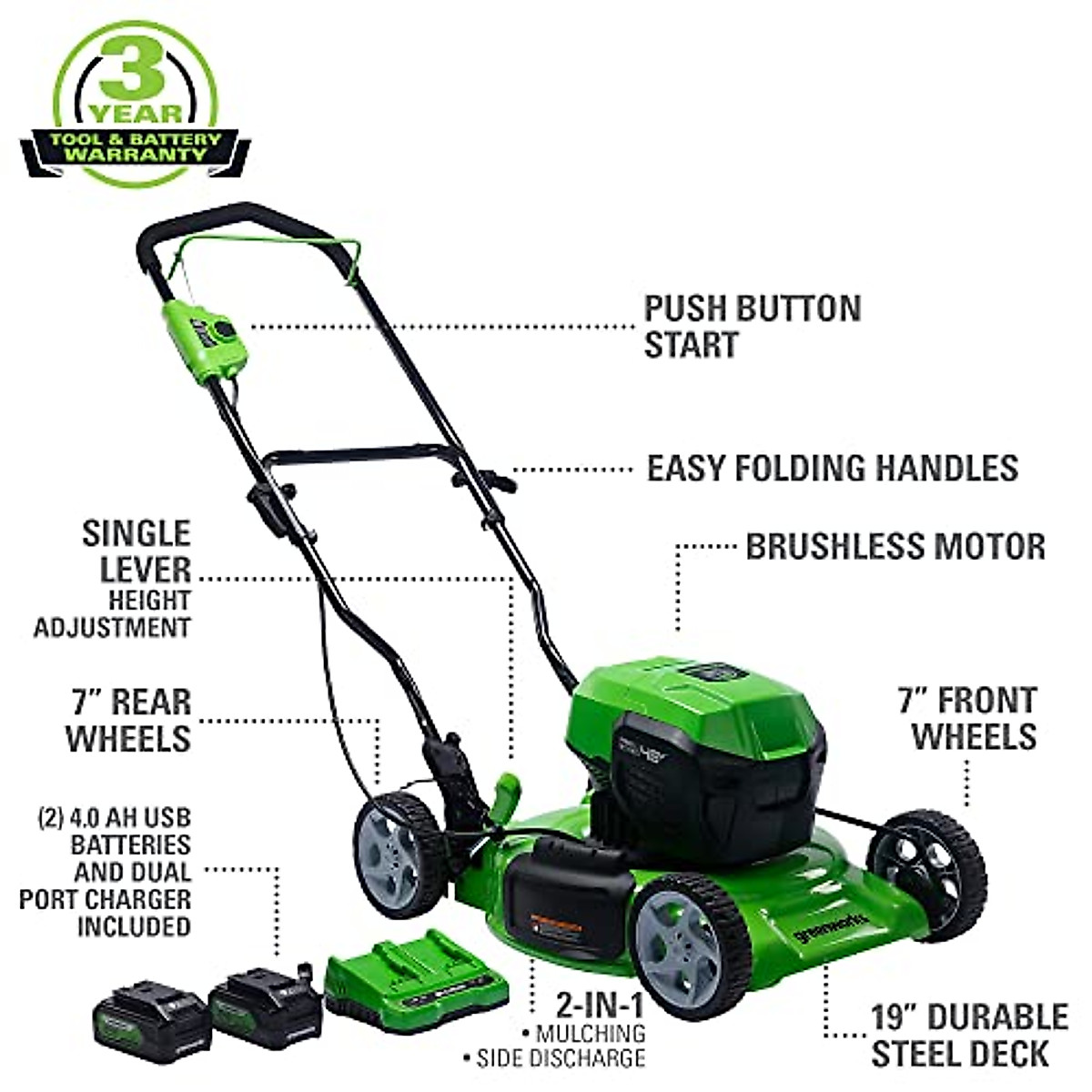 Greenworks 2 x 24V (48V) 19” Brushless Cordless Lawn Mower, (2) 4.0Ah Batteries and Dual Port Charger Included