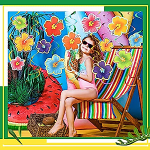 30 Pcs Hawaiian Luau Party Hanging Swirls Tropical Hibiscus Swirls Flower Foil Swirl Ceiling Decorations Hawaiian Party Accessories for Tiki Cocktail Pool Beach Summer Luau Birthday Party Supplies