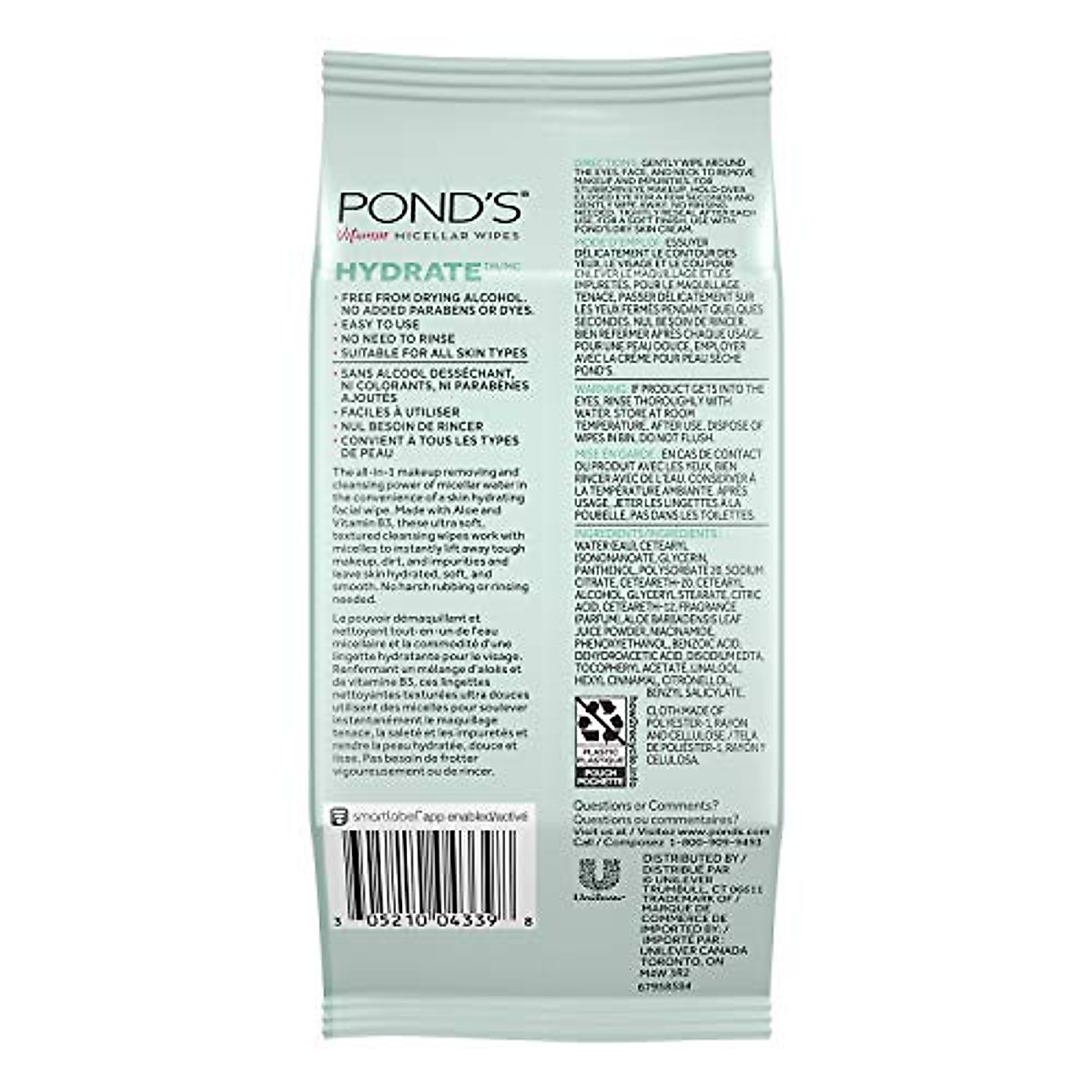Pond's Vitamin Micellar Wipes For Dry Skin Hydrate Aloe Vera Removes Waterproof Makeup 25 Wipes