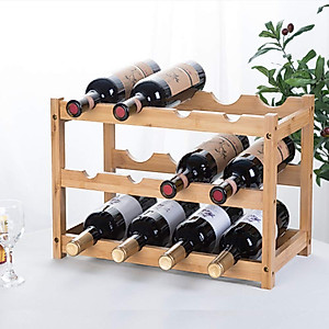 FOSTERSOURCE Wine Rack, Natural Bamboo Storage Rack Freestanding Countertop Stackable Display Shelf Wine Bottle Holder (3-Tiers 12-Bottles)