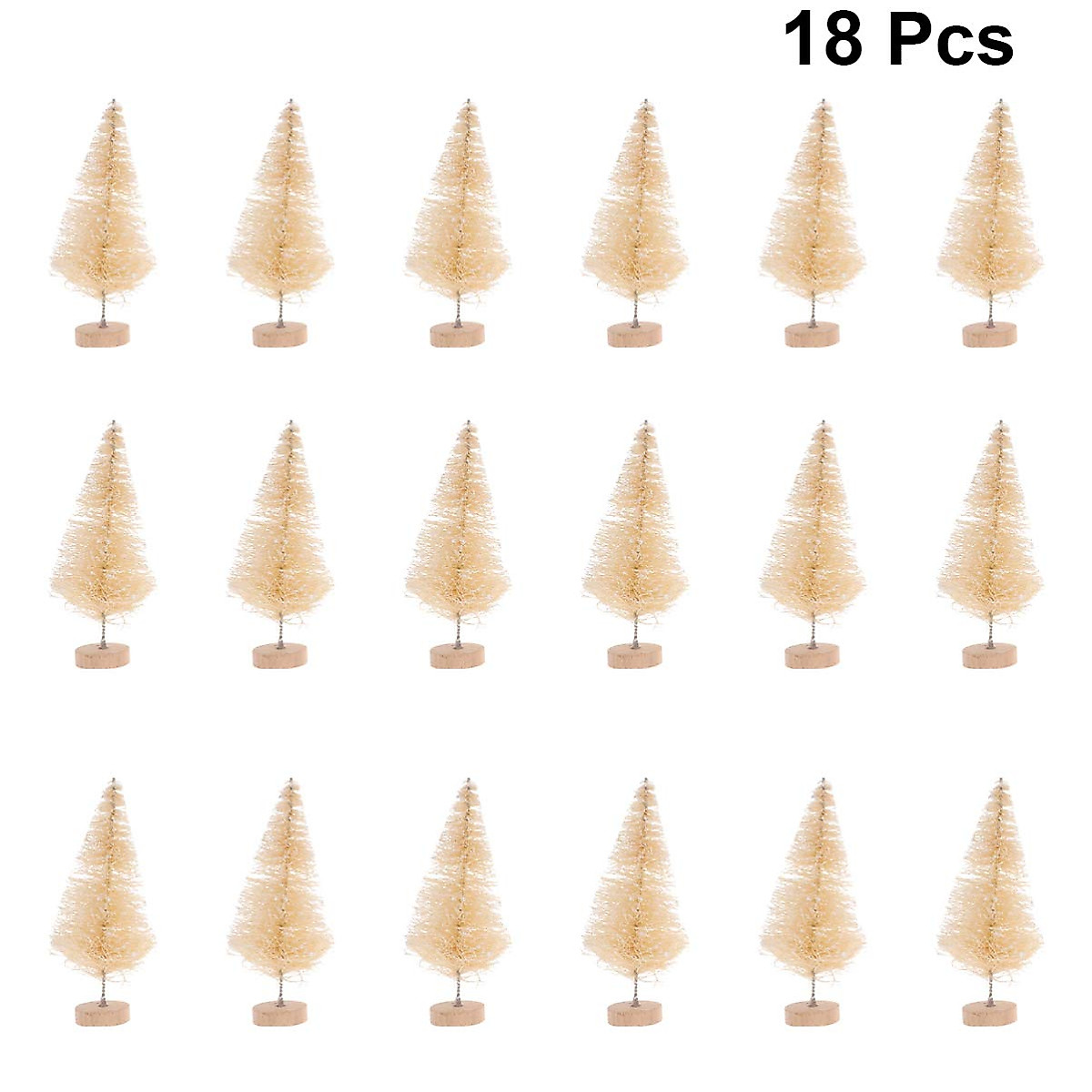 Amosfun 18pcs Mini Pine Trees Sisal Trees Miniature Christmas Tree with Wood Base Christmas Desktop Decorations 6.5cm (Beige)