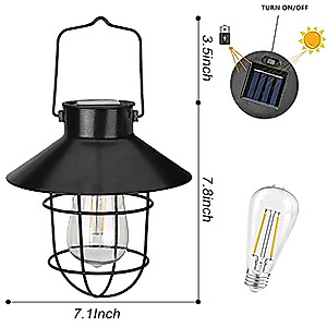 Solar Lantern Outdoor Hanging Lights Solar Powered Decorative Retro Waterproof LED Bulb Metal Lantern Lamp with Handle for Garden Yard Porch Fence Tabletop