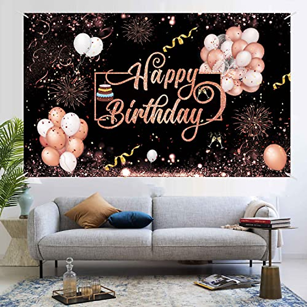 Rose Gold Happy Birthday Theme Fabric Sign Poster Banner Backdrop with Firework,Star,Balloons,Cakes Pattern for Brithday Photo Booth Background Party Decorations Supplies