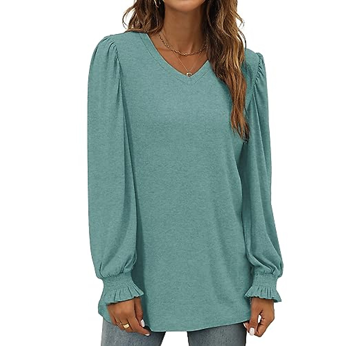 XIEERDUO Womens Oversized Sweatshirts Comfy V Neck Long sleeve Top Trendy Winter Solid Tunic Turquoise 2XL