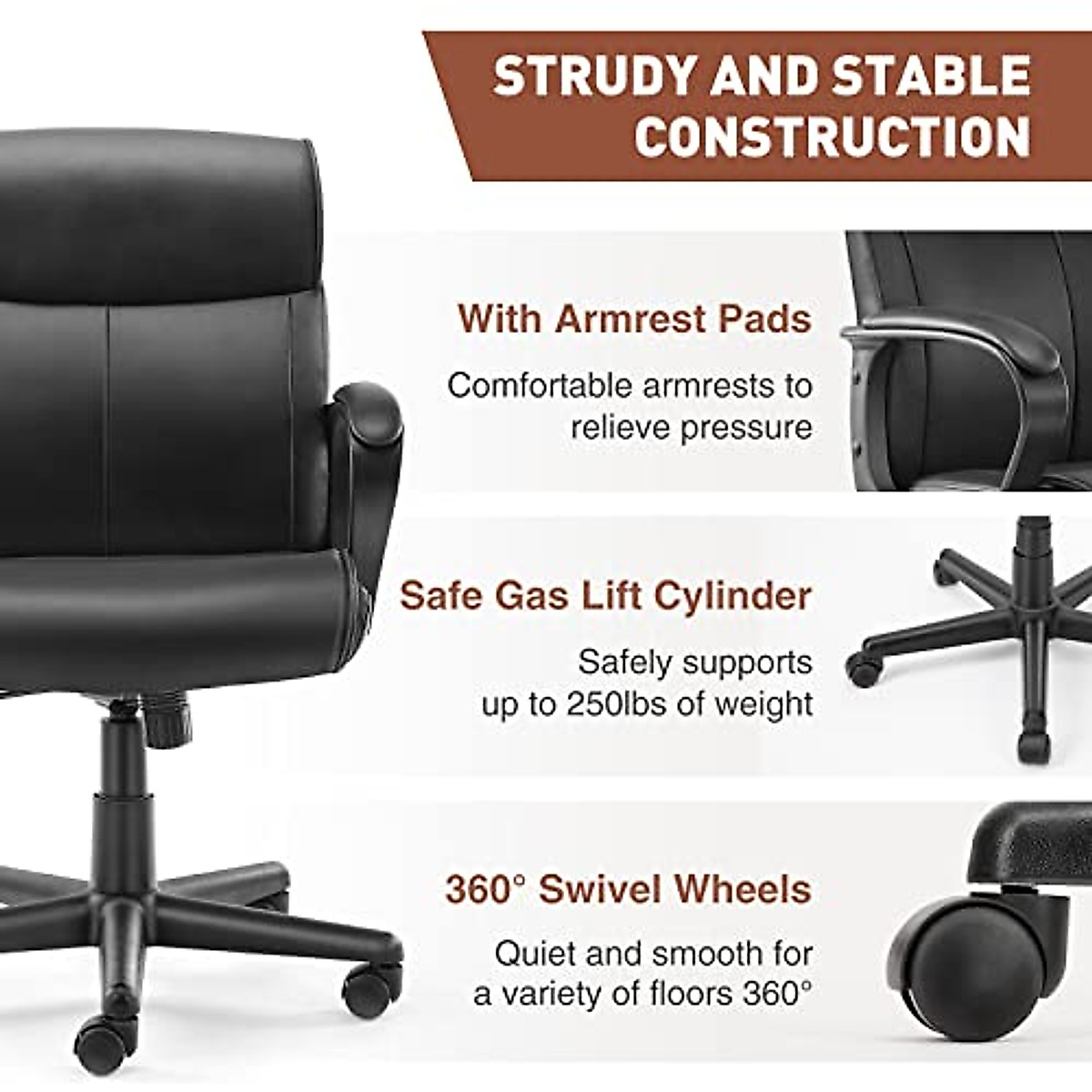 Mid-Back Office Computer Desk Chair with Armrests, Adjustable Height, 360-Degree Swivel, Lumbar Support, PU Leather, Black