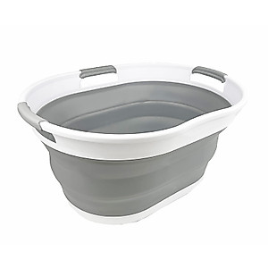 SAMMART 25L (6.6 gallon) Collapsible Plastic Laundry Basket - Foldable Pop Up Storage Container/Organizer - Portable Washing Tub - Space Saving Hamper/Basket (White/Grey)