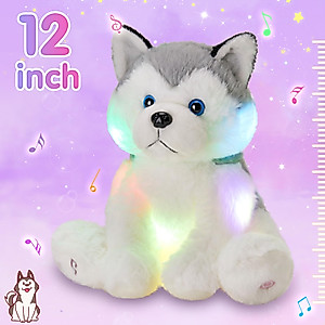 Houwsbaby 12'' Gray Light Up Musical Stuffed Animal Husky Singing LED Dog Glowing Plush Toy Lullaby Animated Soothe Birthday Festival Present for Kids Toddler Girls