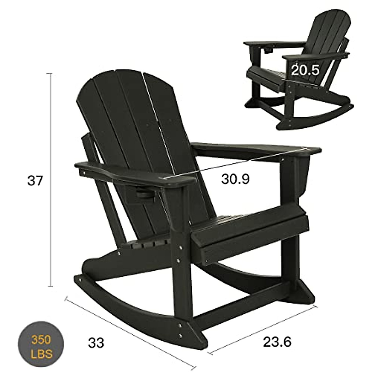 Adirondack Rocking Chair Outdoor Patio Rocker Adirondack Chairs HDPE Plastic Weather Resistant Lawn Chair for Porch Balcony Garden Beach Backyard Black