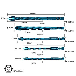 2 Pcs 1/2inch (12mm) Extra Long Hex Shank Concrete Masonry Drill Bit Set 4 Cutting Edges Cross Spear Head Carbide Drill Bit for Ceramic Tile Glass Plastic and Wood