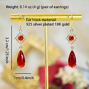 MOMOCAT 18K Gold Plated Artificial Ruby Red Teardrop Earrings for Women Dangle Vintage Jewelry Statement Chandelier Dangling Christmas Art Deco Crystal Unique Antique Hook Warrings for Women