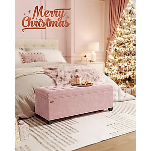SONGMICS Velvet Storage Ottoman Bench, Foot Rest with Legs, 15.7 x 43 x 15.7 Inches, End of Bed Bench, Storage Chest, Load up to 660 lb, for Living Room, Bedroom, Entryway, Jelly Pink ULSF089R01