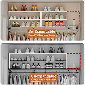 White Shoe Rack Organizer for Closet, 2-Tier Expandable Shoe Shelf, Stackable Iron Wood Combination Small Shoe Racks Shelves for Closets, Entryway,Small Space,Hallway,Garage,6-12 Pairs,Patent Pending