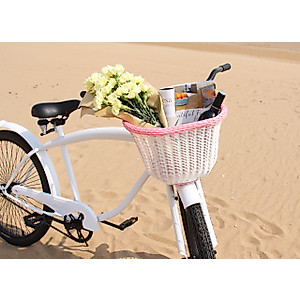 Schwinn Perla Adult Beach Cruiser Bike & Colorbasket 01334 Adult Front Handlebar Bike Basket, All Weather, Water Resistant, Adjustable Leather Straps, White with Pink Trim