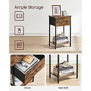 VASAGLE Nightstand with Drawer, End Table, Bed Side Table, Small Table, Tall Night Stand with Fabric Storage and Shelf for Bedroom, Dorm, Easy Assembly, Rustic Brown and Black ULGS021B01
