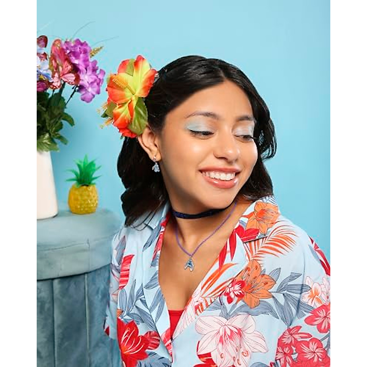 Disney Girls Lilo & Stitch Hoop Earrings - Enamel Hibiscus Flower & Stitch Brass Dangle Earrings - Officially Licensed