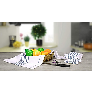 Native Fab 12 Pack Scandia Stripe Kitchen Dish Towels Cotton Absorbent Durable Washable 14x25 - Tea Towels, Dish Cloths, Restaurant Cleaning Towels, Kitchen Towels with Hanging Loop, Blue White