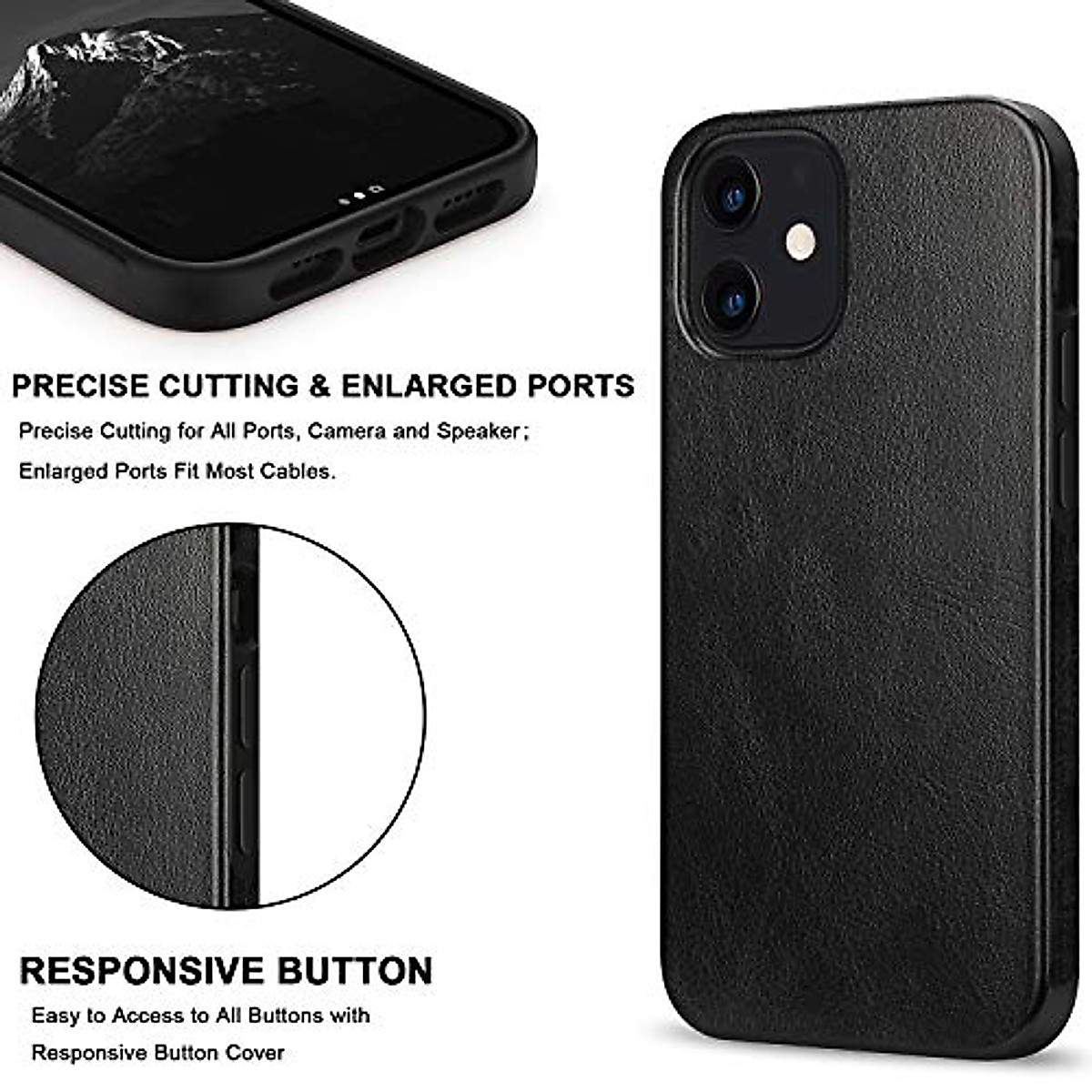 TENDLIN Compatible with iPhone 12 Case/iPhone 12 Pro Case Premium Leather TPU Hybrid Case (Black)