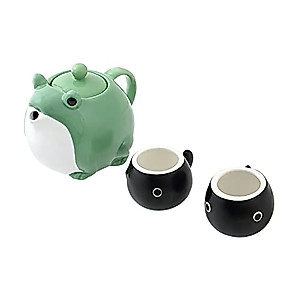 HAKONE YOSEGI Frog Teapot & Teacup Cute Tableware Japanese tea set, Tea Service Set Ceramic Tea Pot (30 oz), 2-Piece Tea Cups (5 oz) (tea pot ＆ 2 tea cup)