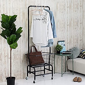 Laundry Cart With Hanging Rack, Laundry Basket with Wheels and Hanging Bar, Laundry Butler Cart Rolling Laundry Rack Small Garment Rack with Basket