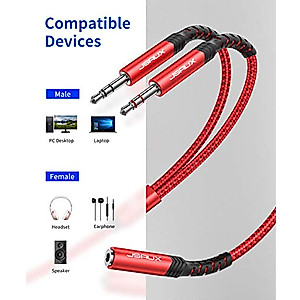 JSAUX Headset Splitter Cable for PC, 3.5mm Headphone Splitter Mic and Audio Y Splitter Jack, Female to 2 Male Adapter for Game-Red