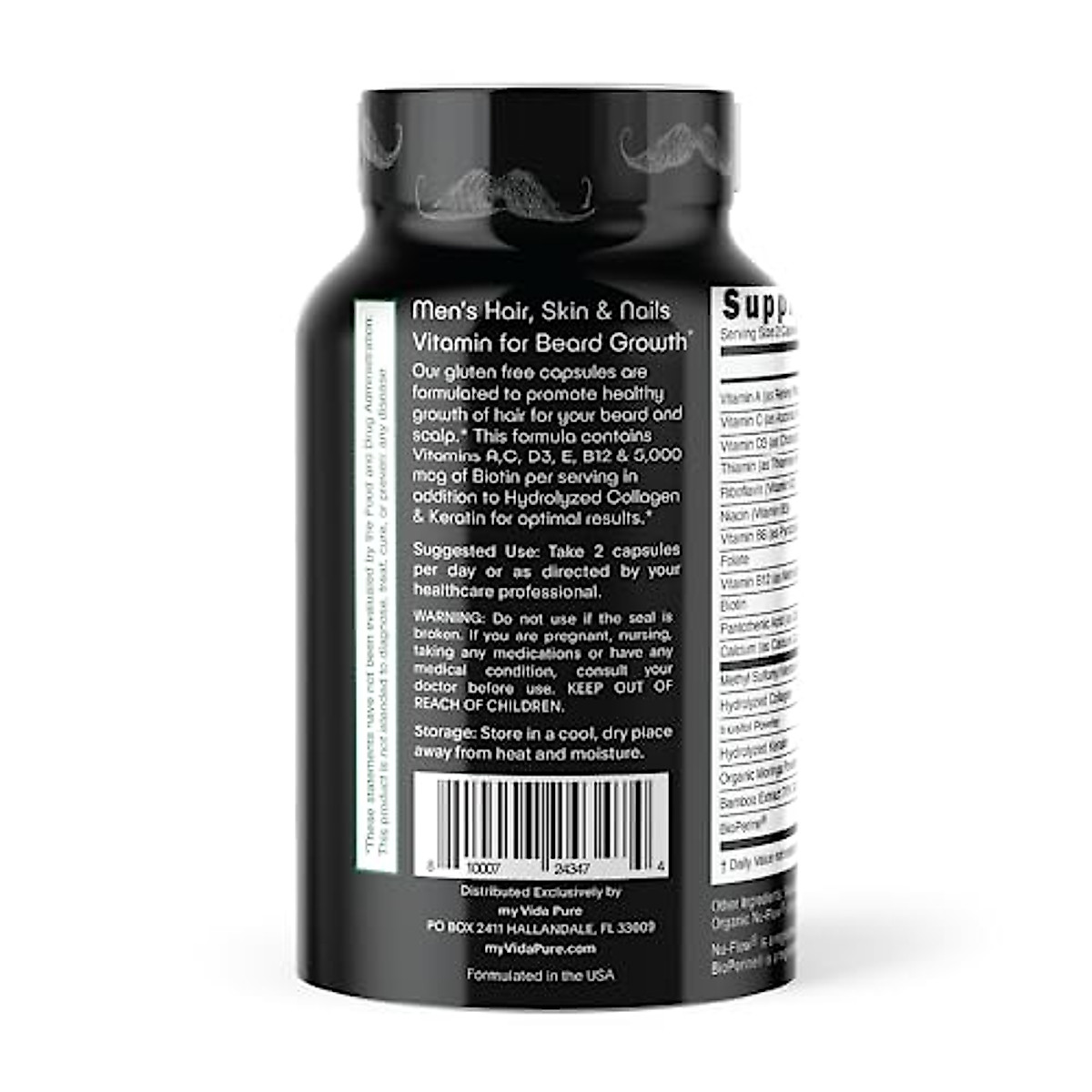 MYVIDAPURE Beard Growth + Men’s Skin & Nails – 5,000mcg Biotin – Vitamin C, D & B-Complex –Hydrolyzed Collagen Veggie Capsules – Non-GMO – Gluten-Free