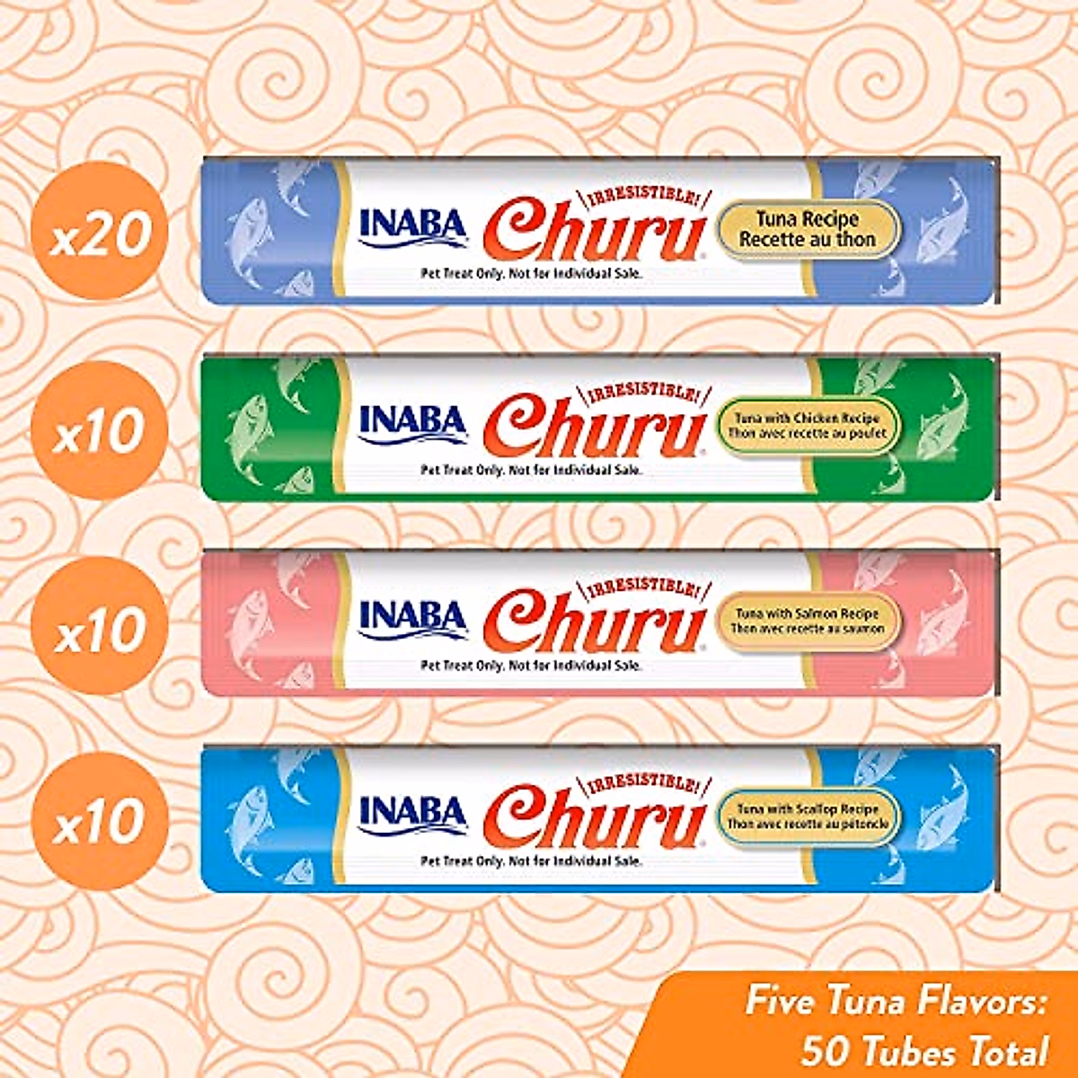 INABA Churu Cat Treats, Grain-Free, Lickable, Squeezable Creamy Purée Cat Treat/Topper with Vitamin E & Taurine, 0.5 Ounces Each Tube, 50 Tubes, Tuna Variety