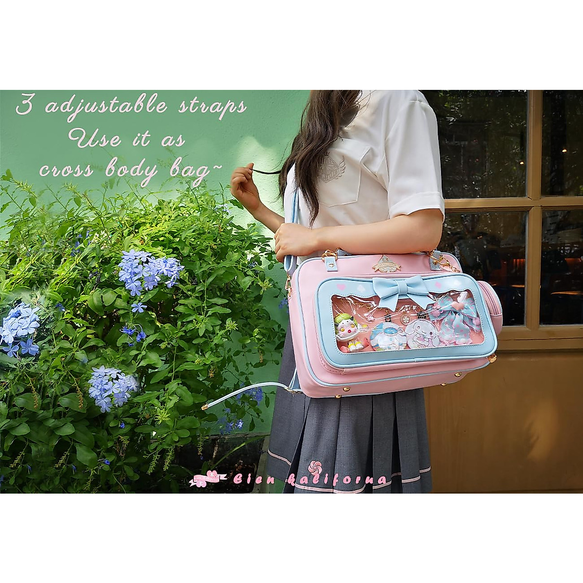 Eien Kaliforua Ita Bag Cute JK Uniform Bag Double Window Sweet PU Leather ita Bag Kawaii Pins Bag+cute small bag