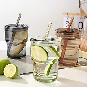 Puraville 12 oz Coffee Cup 2pcs Glass Cups with Lids and Straws Coffee Mug Set with Insulated sleeve Glass Tumbler Drinking Jar, Amber and Gray