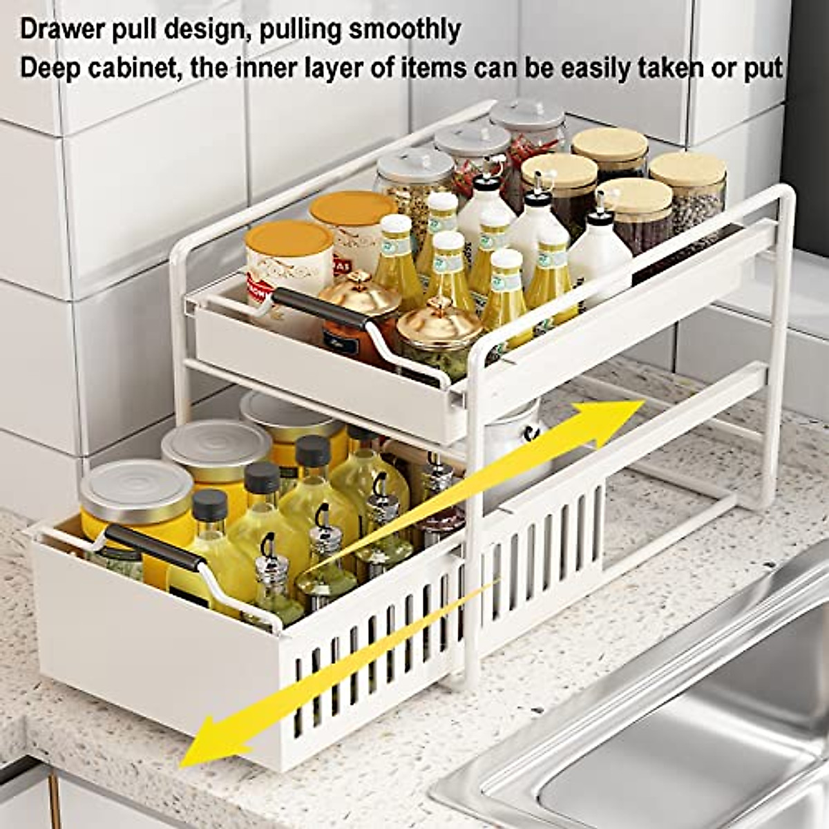 WEKIVA Under Sink Organizers,Kitchen Cabinet Organization,2 Tier Sliding Basket Organizer Pantry Storage Shelf Pull Out Under Sink Cabinets Organizer for Kitchen