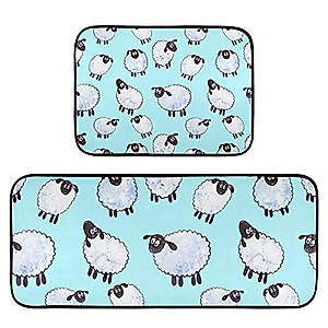 Cute Sheep Kitchen Rugs and Mat 2 Pieces Set Cushioned Anti Fatigue Kitchen Mat Non Slip Comfort Standing Rug Washable Farmhouse Decor for Indoor Outdoor
