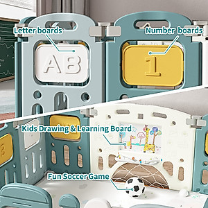 UNICOO – Baby Playpen, Foldable Kids Fence Activity Center, Safety Playard with Games Station Non-Slip Rubber Bases, Adjustable Shape, Portable Design (ZC-001-MGW Mint Green+White)