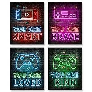 Neon Video Game Decor Set of 4(8"x10"), Boys Room Decorations for Bedroom, Encouragement Gaming Wall Art for Kids Boy Playroom Home Decor, gamer wall art, Teen boy bedroom, No Frames