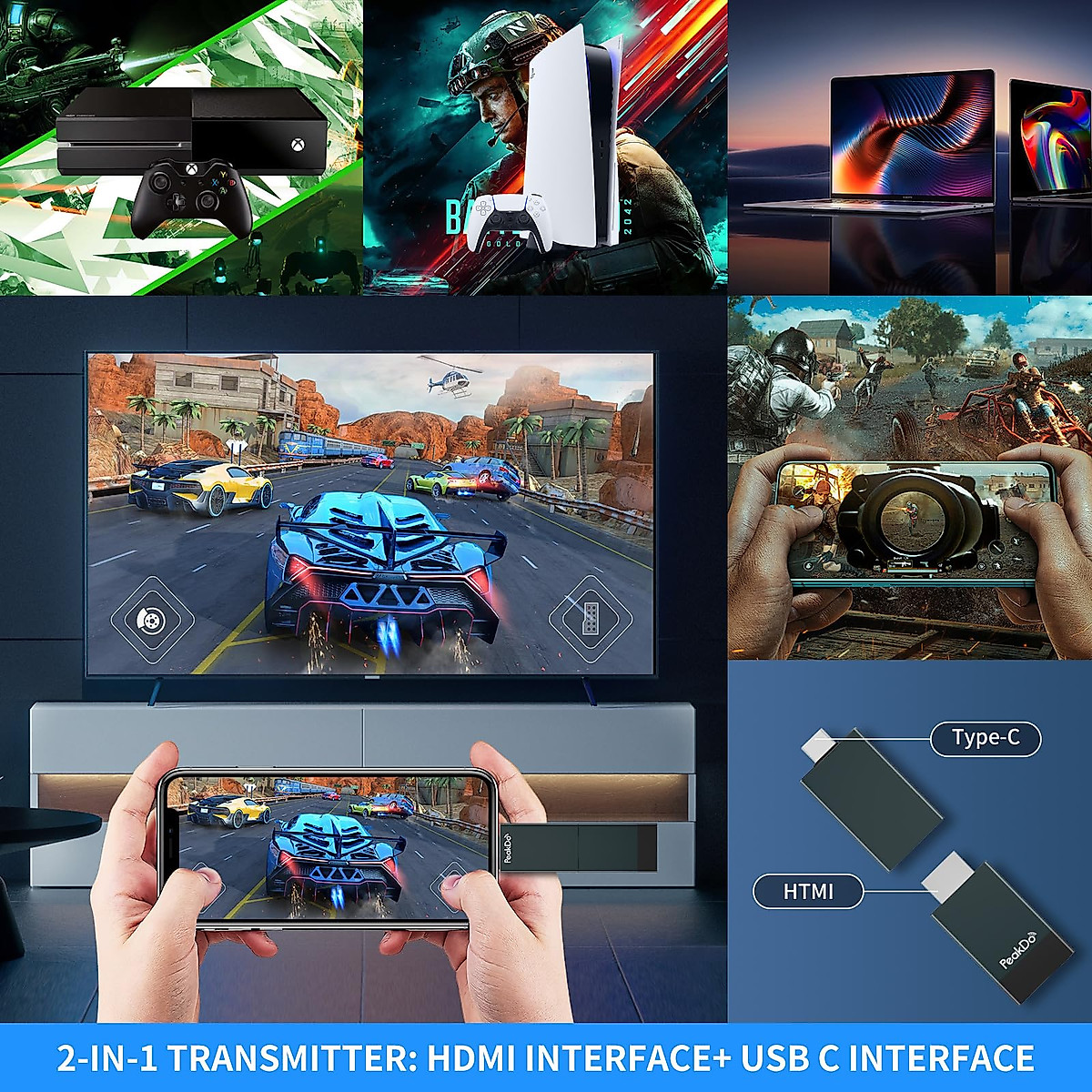 PeakDo HDMI Wireless Transmitter and Receiver, 0 Latency (Line of Sight) Wireless HDMI Extender, 1080P@60Hz Video Transmitter and Receiver for TV or Projector Monitor