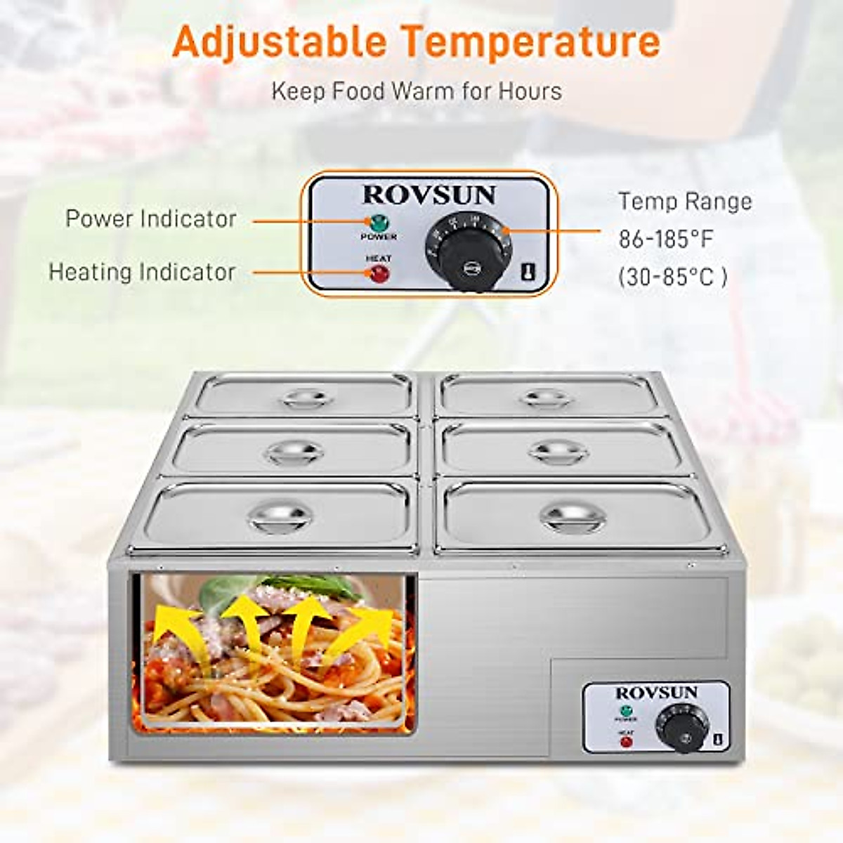 ROVSUN 42.3QT 1200W Electric Commercial Food Warmer, 6-Pan Steam Table 6.9 QT/Pan Stainless Steel Bain Marie Buffet Countertop with Temperature Control & Lid for Parties, Catering, Restaurants 110V