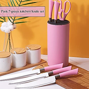 Kitchen Knife Set, Retrosohoo 7-Pieces Pink Non-stick Chef Knife Set with Storage Block, PP Handle Ultra Sharp Stainless Steel Cooking Knives with Gift Box for Girls Women (Pink)