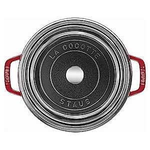 Staub Cast Iron Dutch Oven 4-qt Round Cocotte with Glass Lid, Made in France, Serves 3-4, Cherry