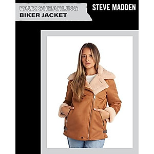 Steve Madden Women's Winter Coat - Faux Leather Moto Biker Jacket - Faux Shearling Lined Heavyweight Jacket for Women, S-XL, Size Large, Cognac