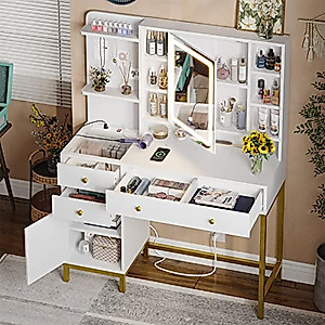AOGLLATI Makeup Vanity with Lights in 3 Colors, White Vanity Desk with Mirror and Lights, Vanity Table with Charging Station, Makeup Desk with Visible Drawers, Hidden and Open Storage Shelves