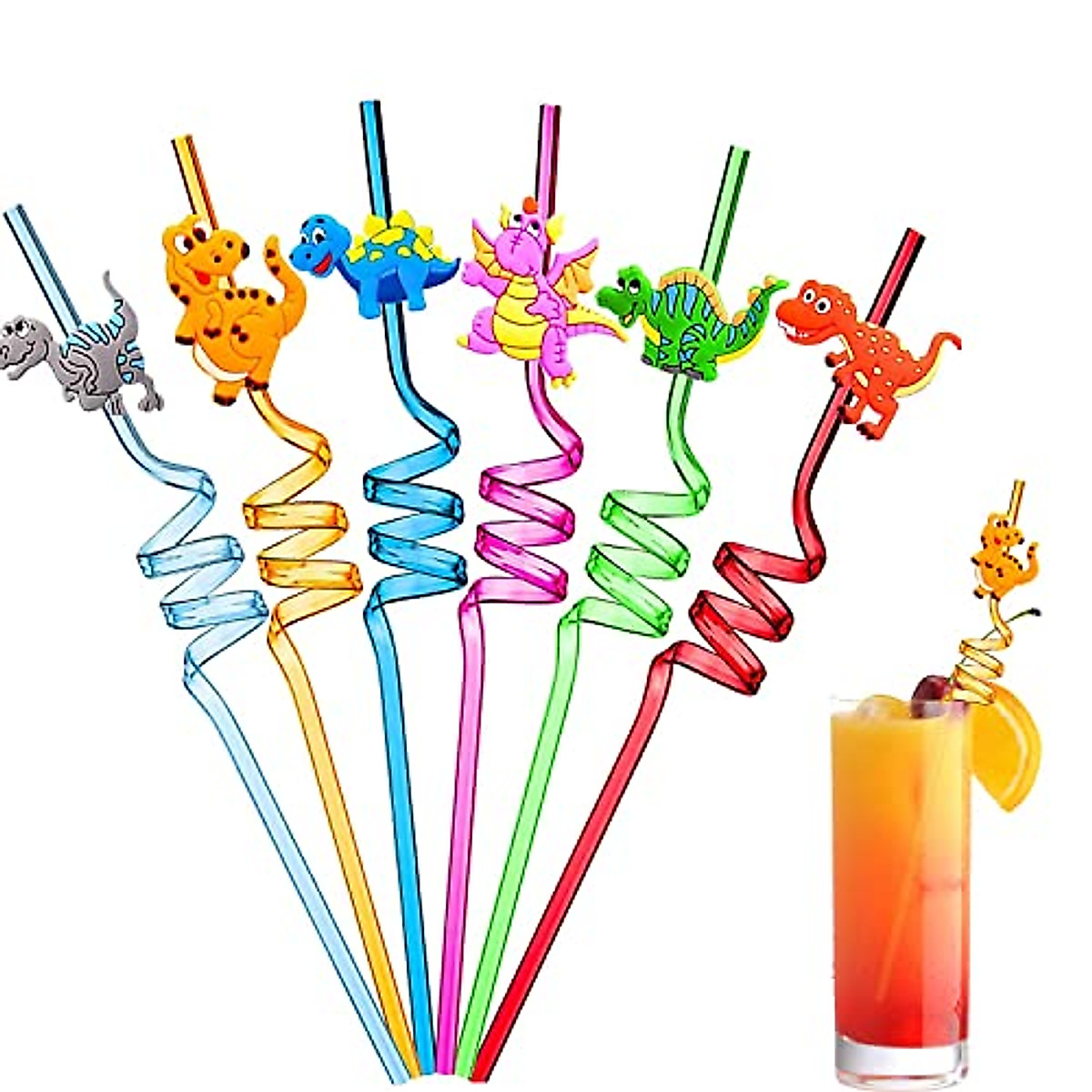 ULIFEMALL Reusable Drinking Straws, Dinosaur Party Favors Party Decorations Dinosaur Plastic Straws Safari Jungle Kids Birthday Dinosaur Party Supplies for Family or Party Use - Pack of 6