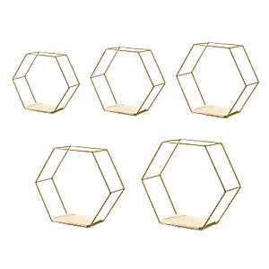 MYCENSE 5Pcs Hexagon Iron Wall Shelves Floating Shelf, Bathroom Wall Decoration Organizer, Storage Rack for Books Artworks Display, Golden
