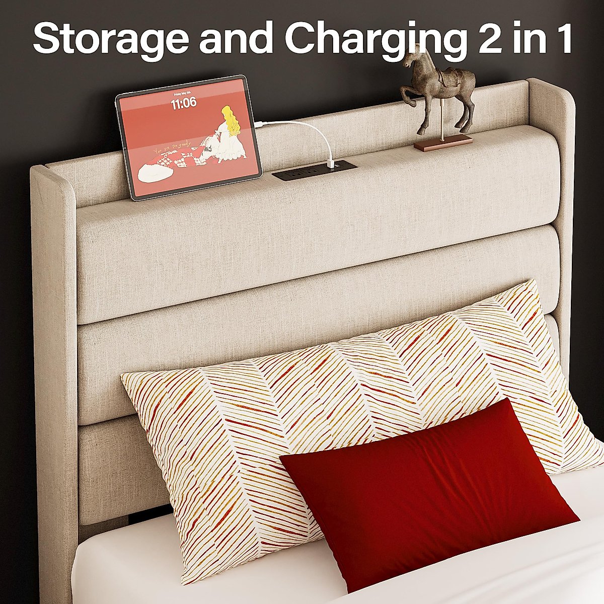 LIKIMIO Twin XL Bed Frames, Storage Headboard with Outlets, Sturdy and Stable, No Noise, No Box Springs Needed, Beige