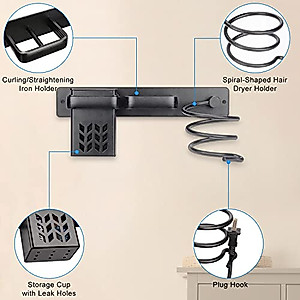 MORROWIND Hair Dryer Holder, Wall Mounted Hair Dryer and Straightener Holder Space-Saving Hair Care Tools Organizer Bathroom Hanging Shelf Hairdryer Storage Holder with Plug Hook, Black