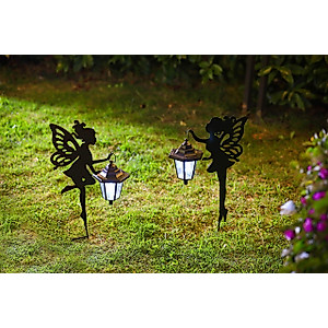 CHUANGFENG Metal Fairy Stake Solar Light Outdoor Decoration Garden Solar Fairy Stake Statues Decor with Solar Lanterns for Lawn Patio or Courtyard Decor 2 pcs