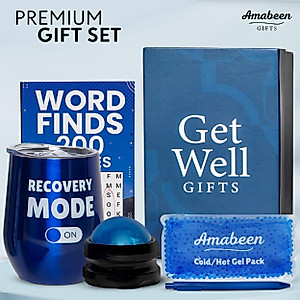 Amabeen Get Well Soon Gifts for Men - Gift Basket Containing Insulated Tumbler, Mindfulness Puzzle Book, Massager Ball, Hot/Cold Gel Pack - Hospital Care Package - Ideal After Surgery & Recovery