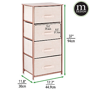 mDesign Tall Dresser Storage Tower Stand with 4 Removable Fabric Drawers - Steel Frame, Wood Top Organizer for Bedroom, Entryway, Closet - Lido Collection - Light Pink/Rose Gold