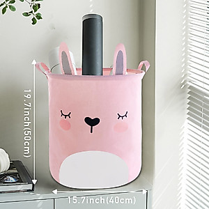 Homele Large Round Storage Basket, Cute Collapsible Laundry Basket Organizers and Storage Bins Foldable Dirty Clothes Basket Nursery Hamper Canvas Fabric Toy Box Decorative Gift Baskets (Pink Rabbit)