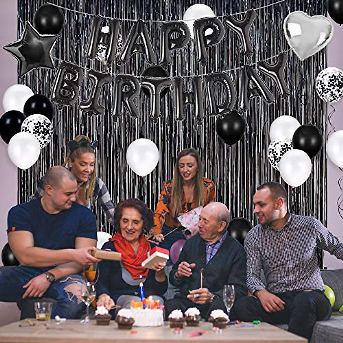 JOYYPOP Birthday Party Decorations Happy Birthday Balloons Banner with Black and White Balloons Set, Black Foil Fringe Curtain for Men Women Adults Birthday Party (Black）