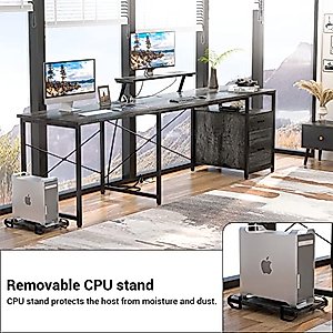 Unikito L-Shaped Desk with Power Outlet and LED Strip, L Shaped Computer Corner Desk with Reversible File Drawer and Monitor Stand, Gaming Table Writing Desk for Home Office Workstation, Black Oak