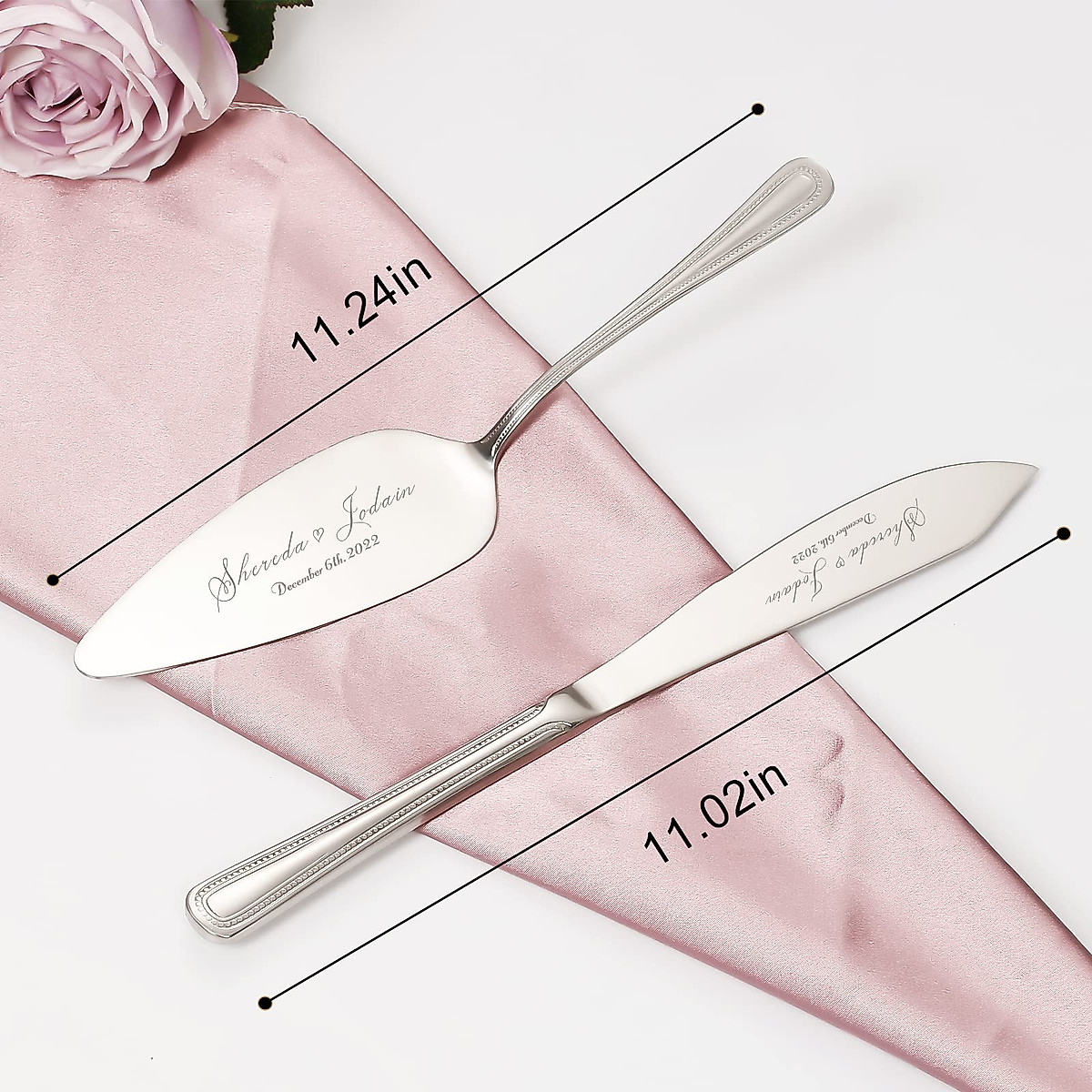 Cake Cutting Set for Wedding, Personalized Wedding Cake Knife and Server Set, Vintage Engraved 2-Piece Pie Cake Cutter Serving Set, Custom Bridal Anniversary Birthday Quinceañera Gift(Silver)